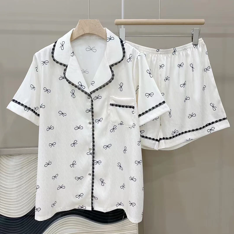 Elegant-Sweet-Black-Lace-Bow-Print-Pajamas-for-Women-Korean-Casual ...