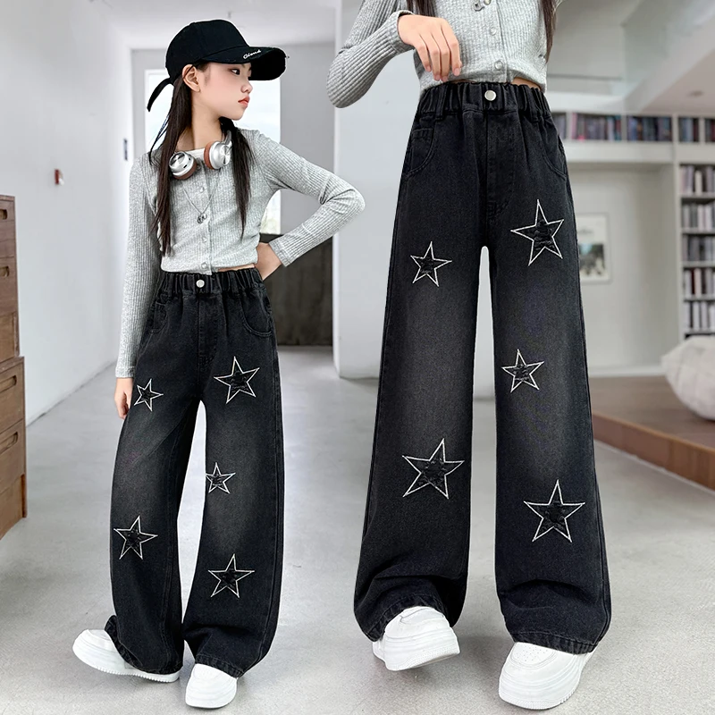 Kids Autumn Straight Fit Black Jeans with Stars for Tween Girls Age 5 6 ...