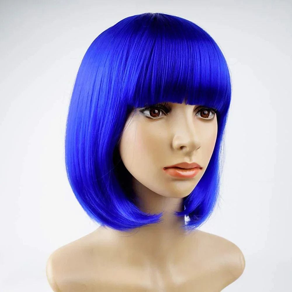 Synthetic Hair Blue Bob Wig with Bangs 12 Inch Royal Blue Wig Short for ...