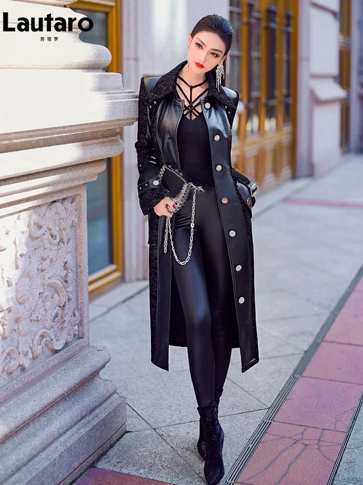 Lautaro Spring Autumn Long Luxury Elegant Fitted Patchwork Pu Leather ...