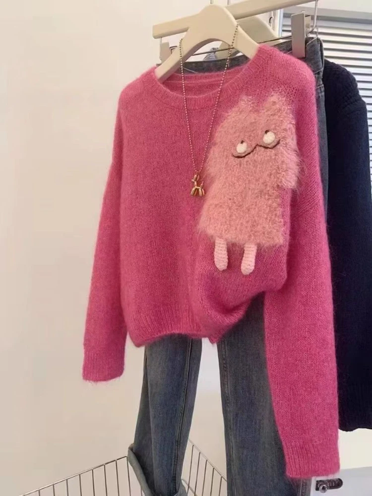 Cute Sweet Pullovers Long Sleeve Cartoon Flocking Lazy Style Casual ...