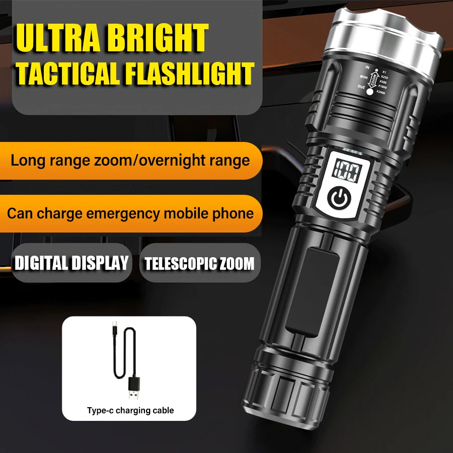 10000LM-Rechargeable-Strong-Light-Flashlight-Tactical-Zoom-Long-Shot ...