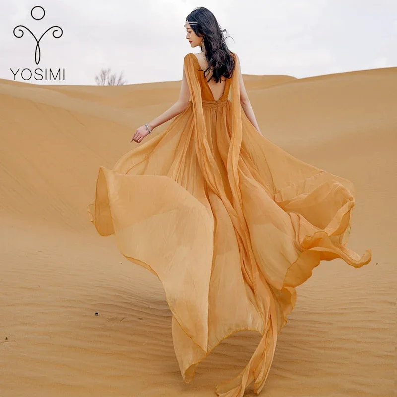 YOSIMI-Women's Floor-Length Chiffon Long Dress, Sleeveless, V-Neck ...