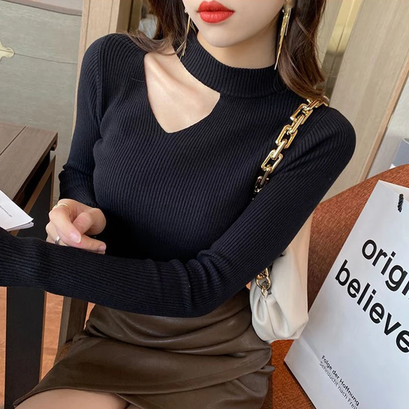 Lucyever-Hollow-Out-Half-High-Collar-Knit-Sweater-Women-Basic-Black ...