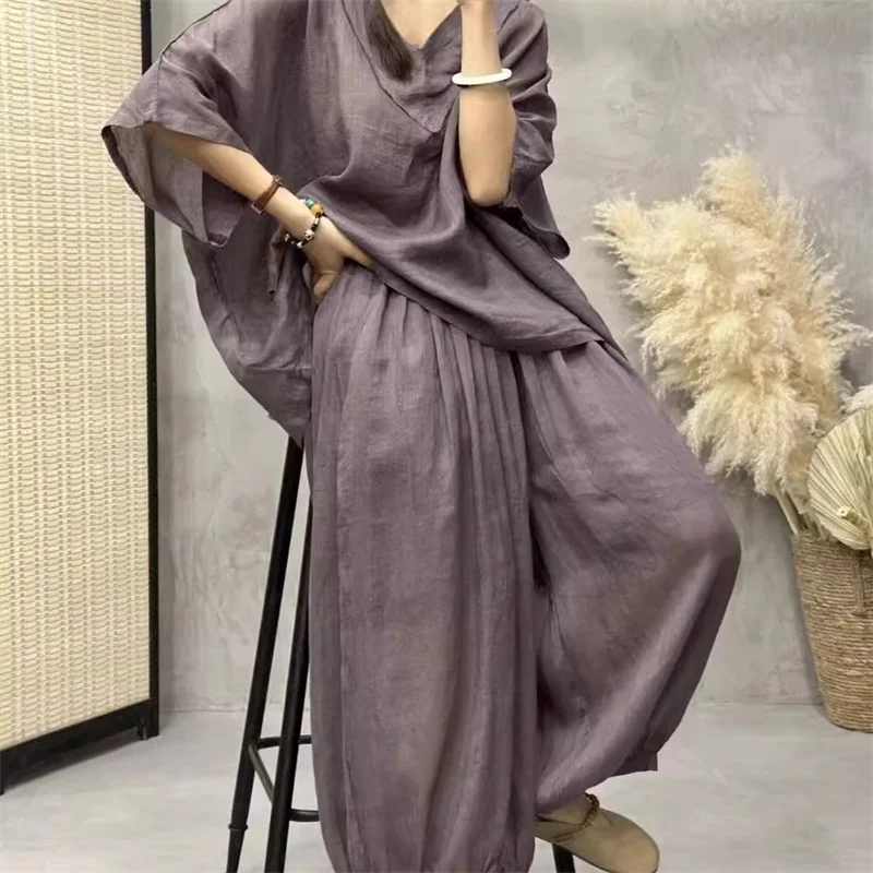 Conjunto-de-ramio-suelto-para-mujer-camiseta-de-lino-de-algod-n-con ...