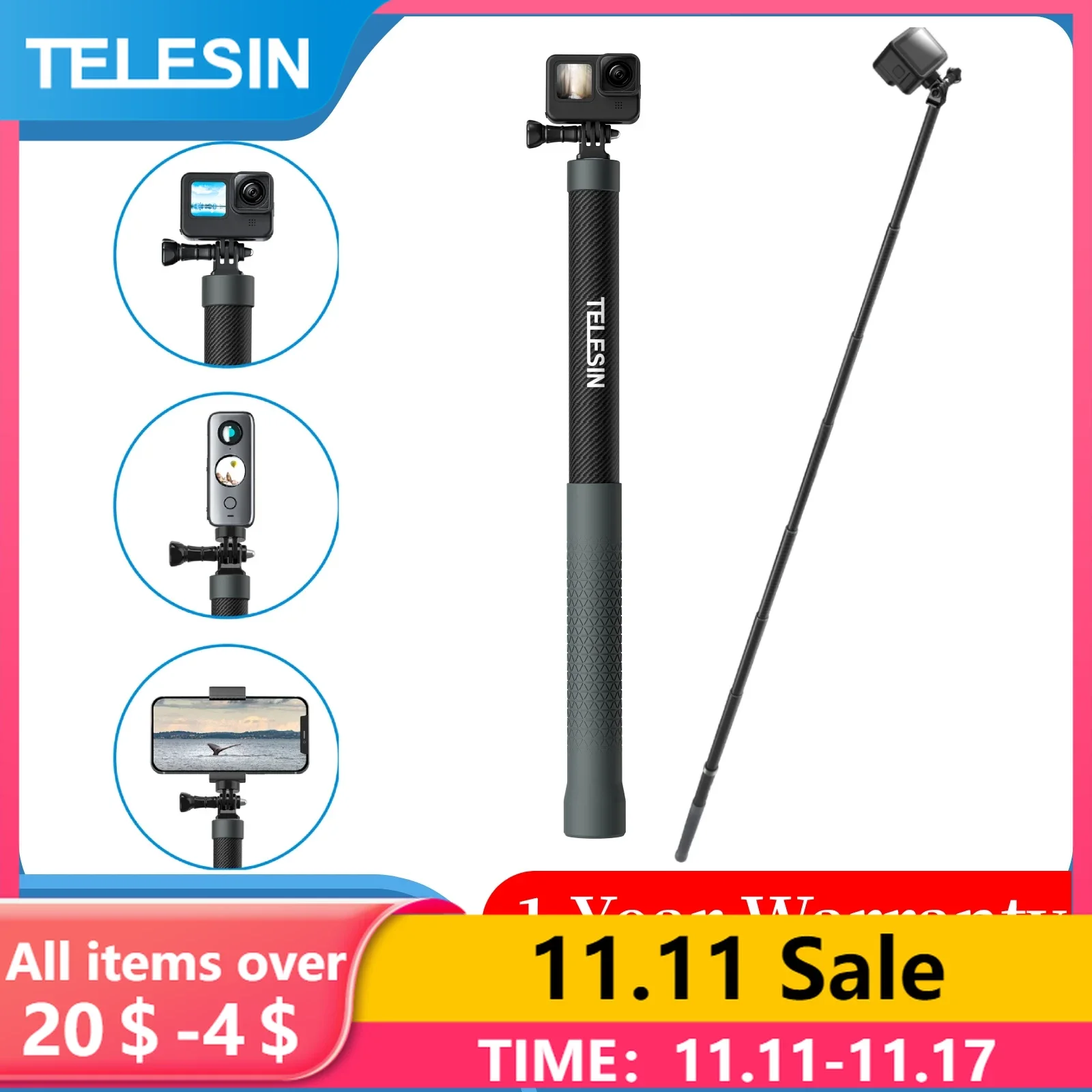 TELESIN-Stick-Selfie-de-Fibra-de-Carbono-Monop-Extens-vel-com-Parafuso ...