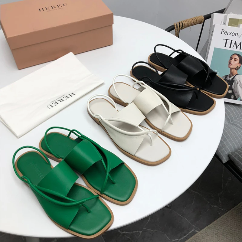 Hereu-Retro-Square-Toe-Roman-Shoes-Genuine-Leather-Flat-Flip-Toe ...