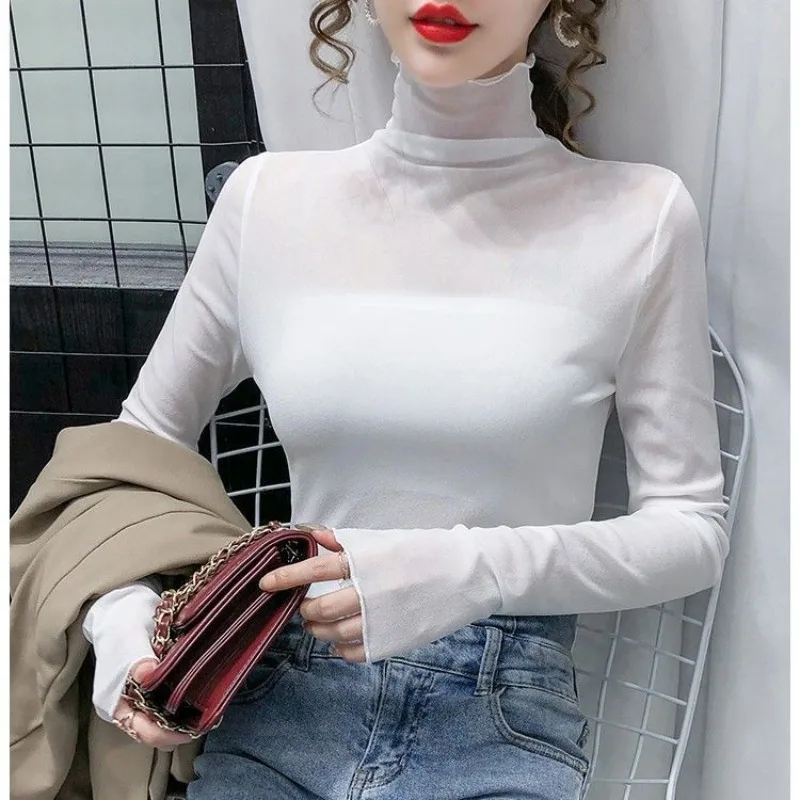 Women's T Shirts Mesh 2025 Turtleneck Clothes Slim Tees Plain Female ...