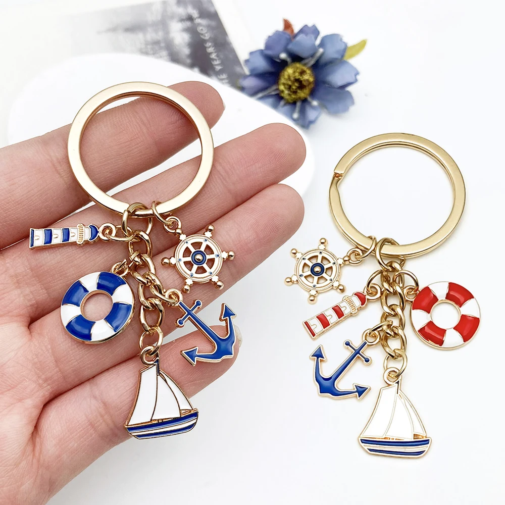Mini Metal Sailboat Lighthouse Life Buoy Pendant Keychain Enamel Anchor ...