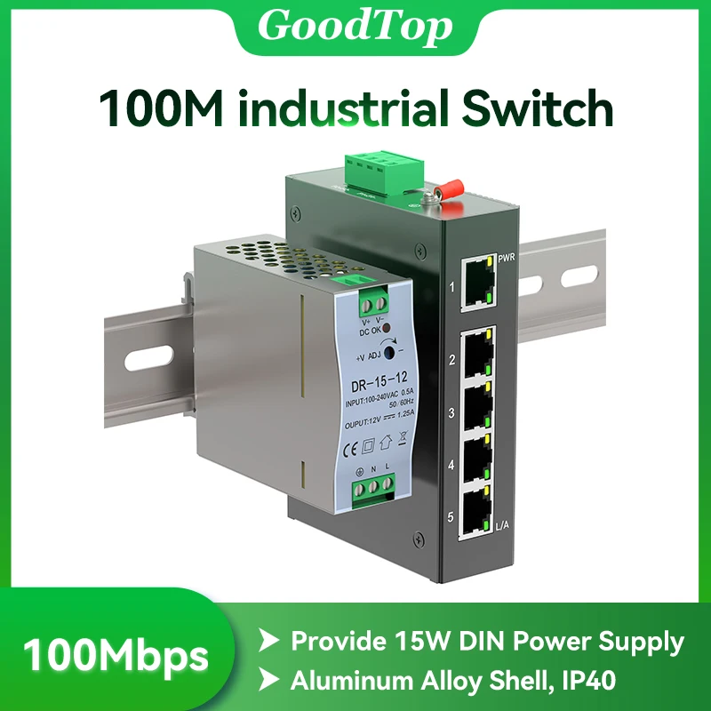 GoodTop 5 Port 100M Unmanaged Industrial Switch with DIN Rail 15W Power ...