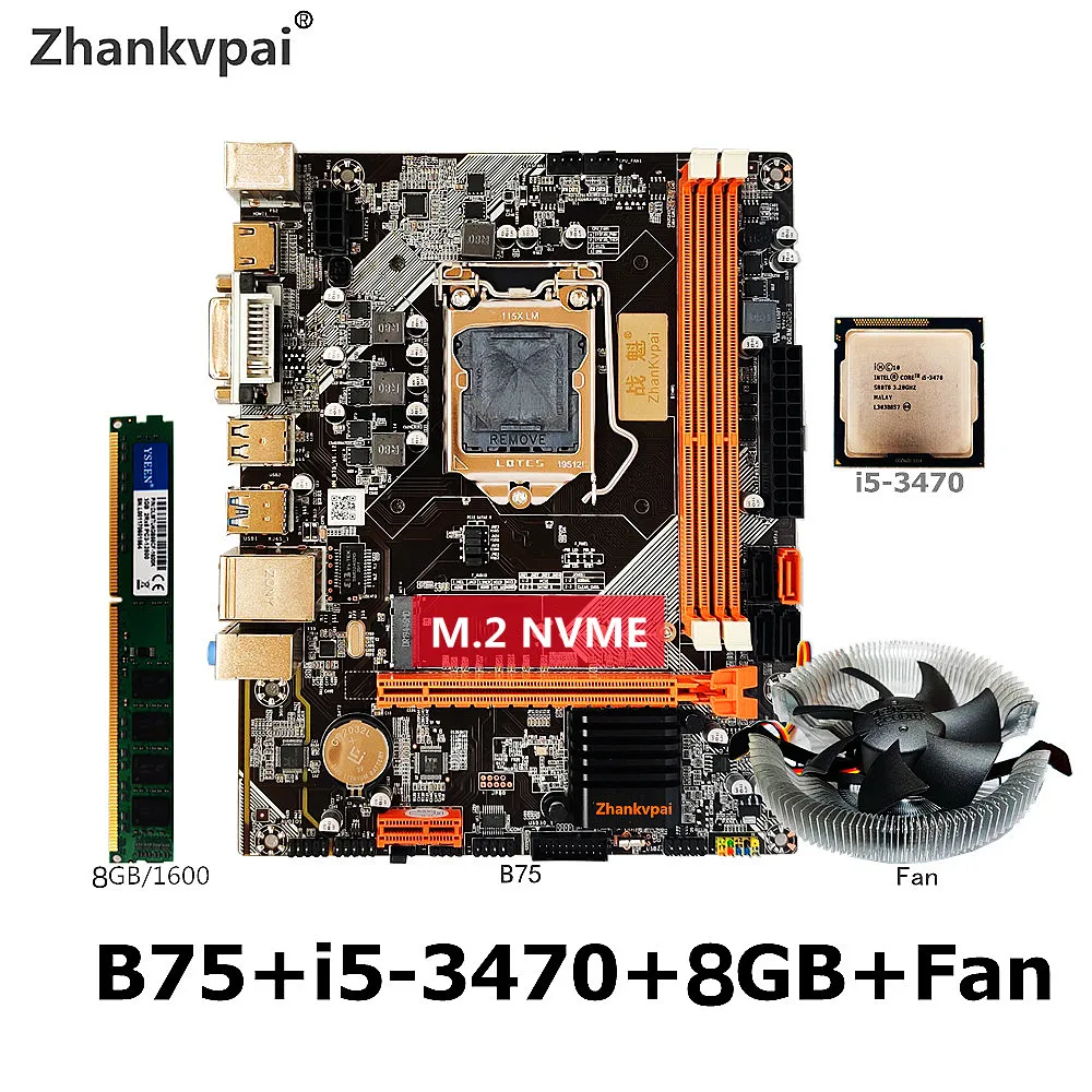 B75 LGA 1155 마더 보드, 인텔 코어 i5 3470CPU RAM 4GB 1600MHz DDR3 + 팬 데스크탑 메모리 ...