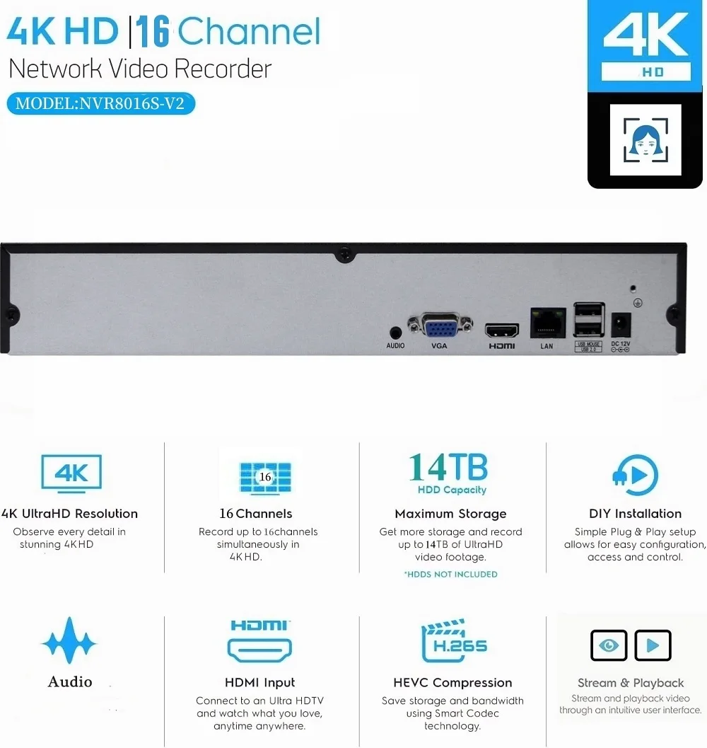 16CH 4K ONVIF H.265/H.264 Support 1 SATA NVR Network Digital Video ...