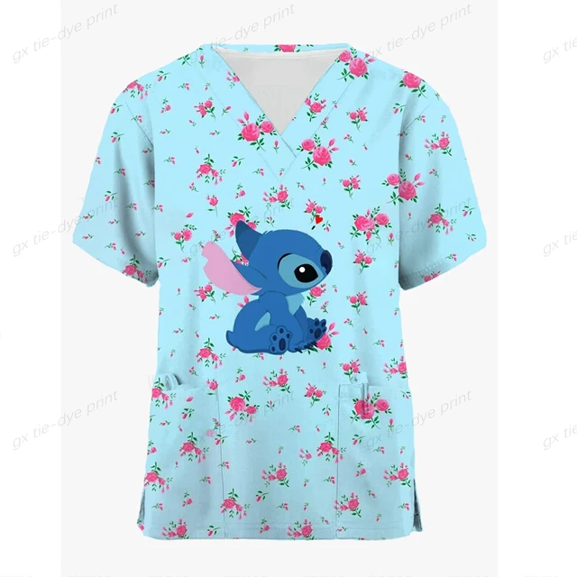 Disney Stitch Print Hospital Nursing Surgery Scrubs Tops Women Short ...