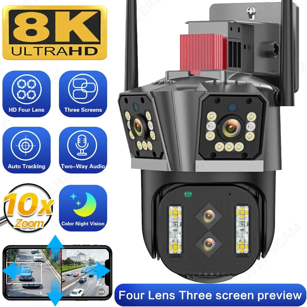 16MP 8K IP Camera 10X Zoom Outdoor Four Lenses Three Screen PTZ WiFi