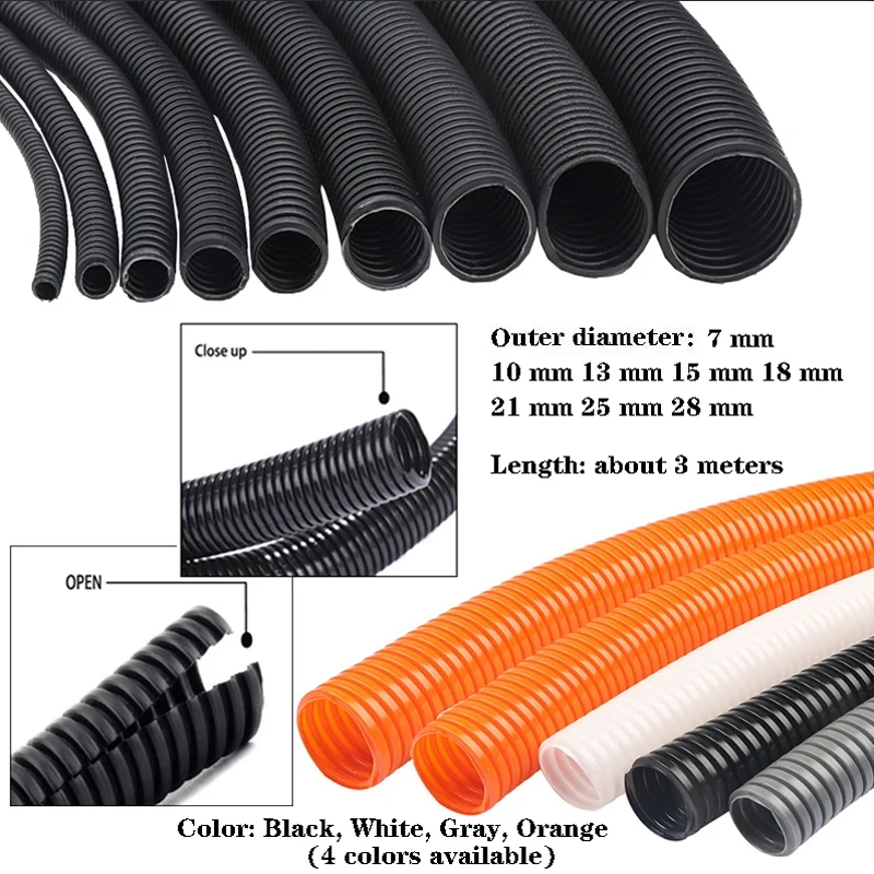 7-28mm-3Meter-Black-White-Gray-Orange-PP-Insulated-Corrugated-Pipe-Wire ...