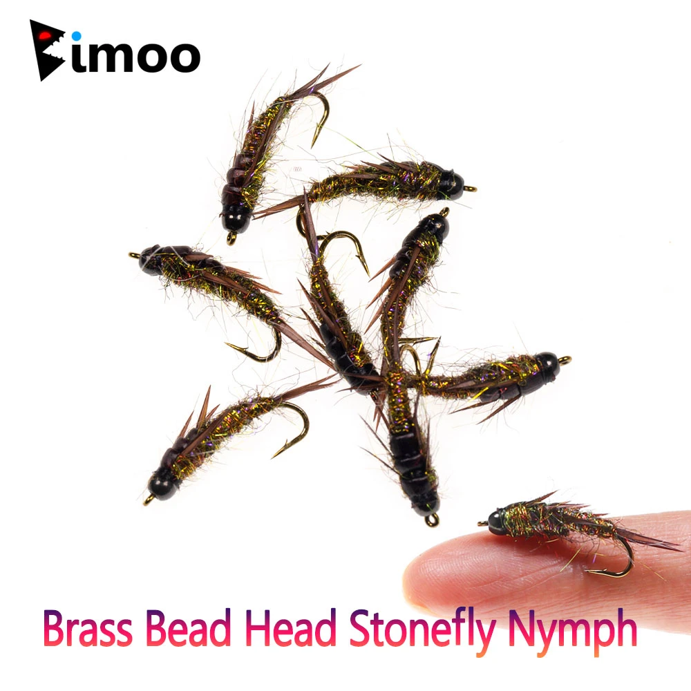 Bimoo #10 8PCS Brass Bead Head Stonefly Nymph Brown Hackle Copper Wire ...