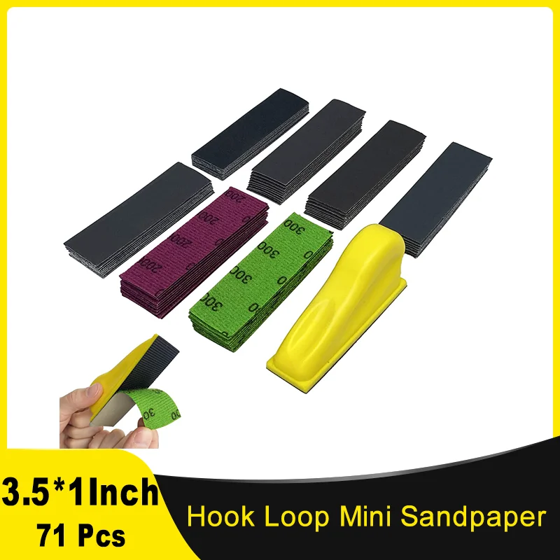 71 Pcs Hook and Loop Mini Sandpaper Kit 3.5”x 1” with Sanding Block for ...