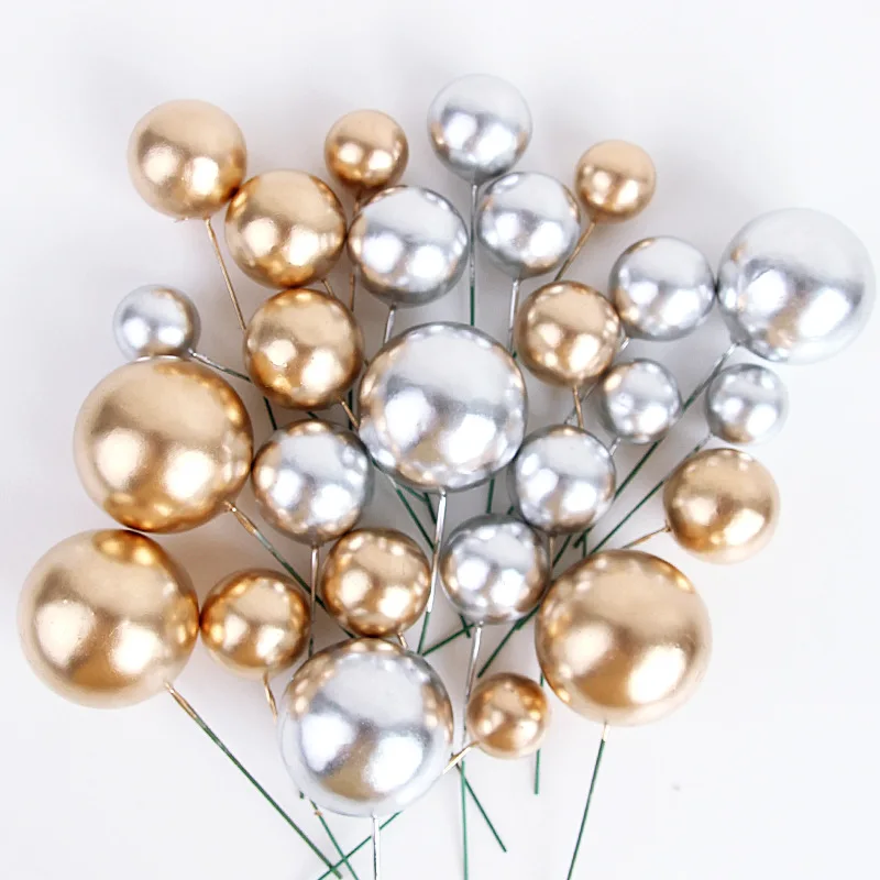 40pcs Cake Topper Decoration Gold Silver Ball Ornament Birthday Party ...