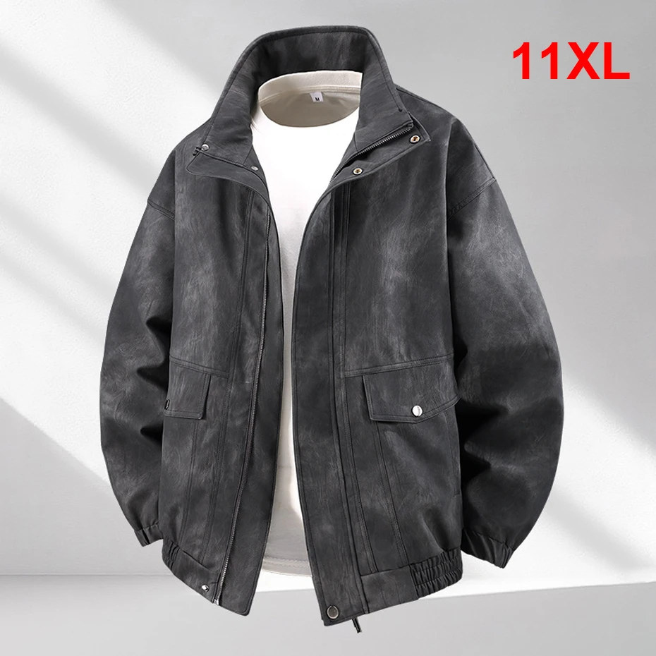 Vintage Tie Dye PU Jacket Men 10XL 11XL Plus Size Stand-up Collar PU ...