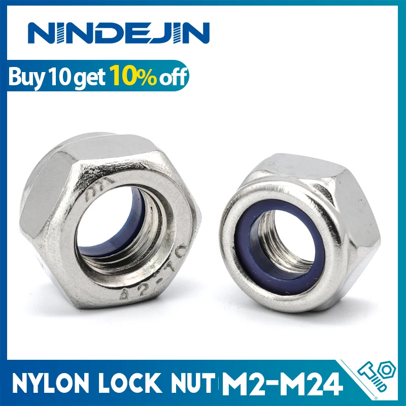 NINDEJIN Nylon Lock Nut Stainless Steel Hex Hexagon Locking Nut M2 M2.5 M3 M4 M5 M6 M8 M10 M12 ...