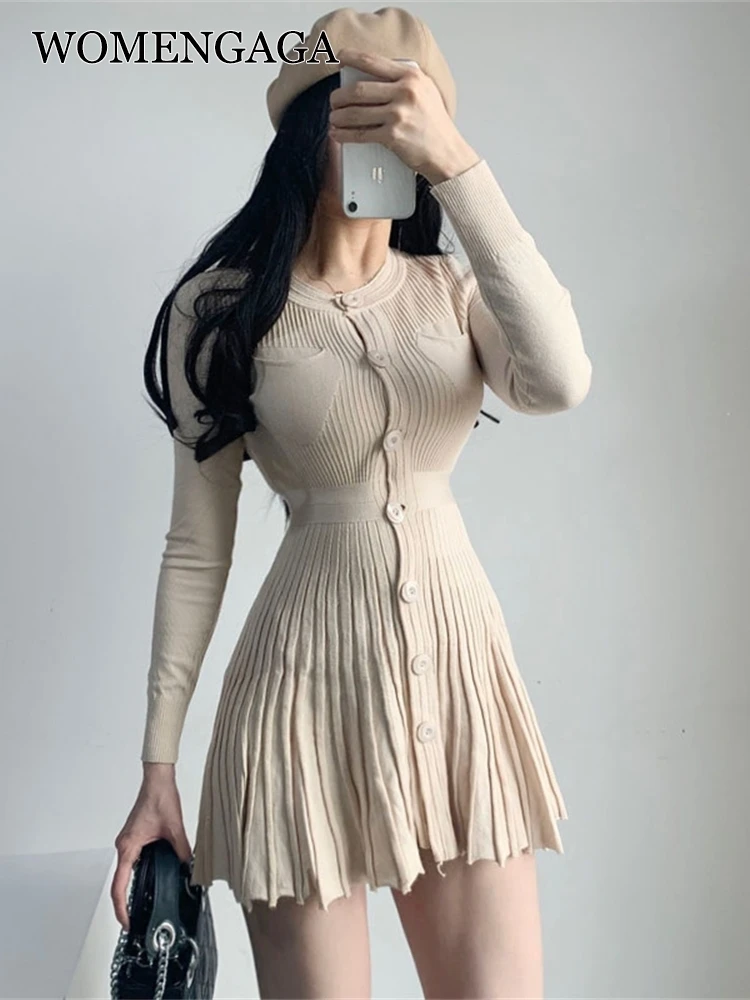 WOMENGAGA 2020 Spring Summer New Fashion Sexy Sheath Girl Female Knitting Fold Korea Full Sleeve ...