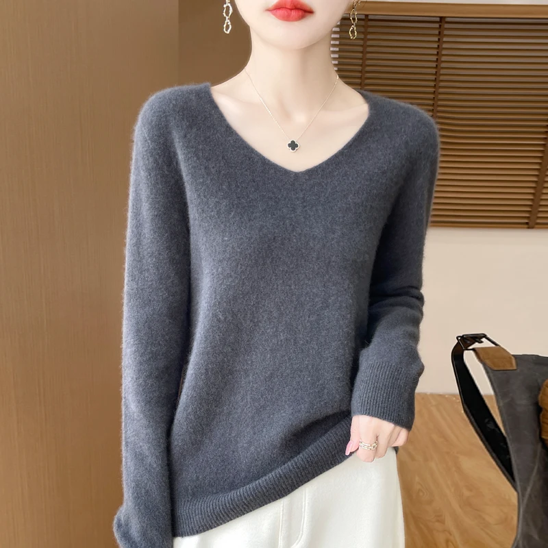 Fashion Pullover 100% Merino Wool Women Sweater V-Neck Long Sleeve ...