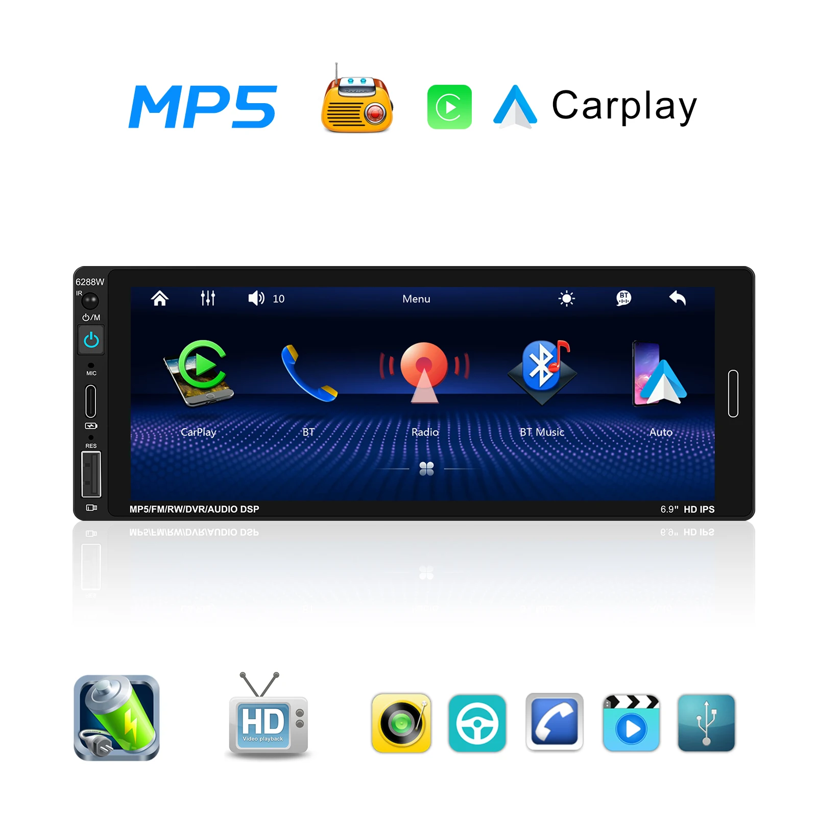 Автомагнітола 1 DIN MP5 Podofo 6288C F133 Window CE CarPlay AndroidAuto ...