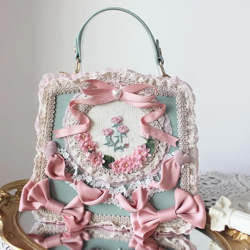 Vintage Victorian Lolita Bags Women Elegant Bow Flower Lace Embroidery ...
