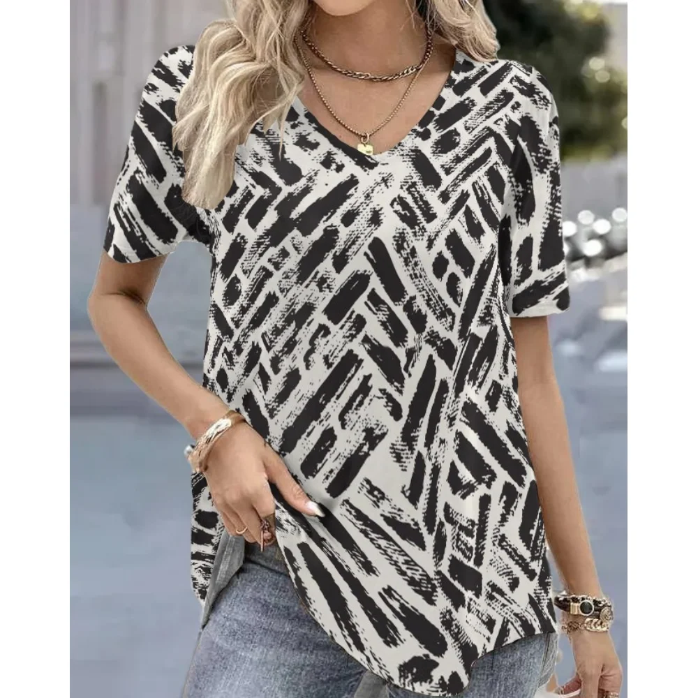 2024-New-Style-T-shirt-For-Women-Striped-Printed-Top-Oversized-T-Shirt ...