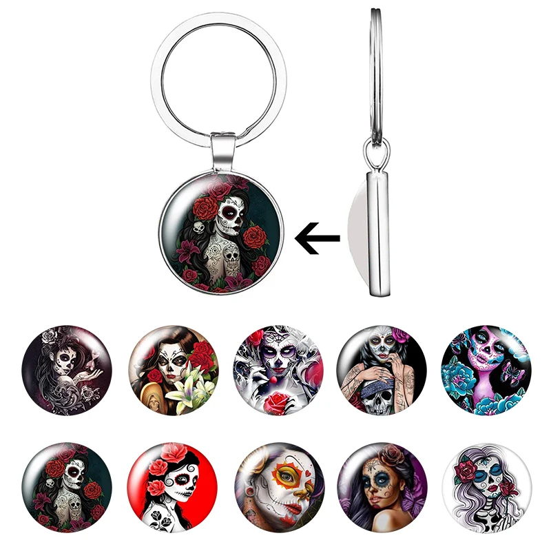 TAFREE-Supar-Skeleton-Girl-Rose-Glass-Cabochon-Pendant-Keychains-Day-of ...