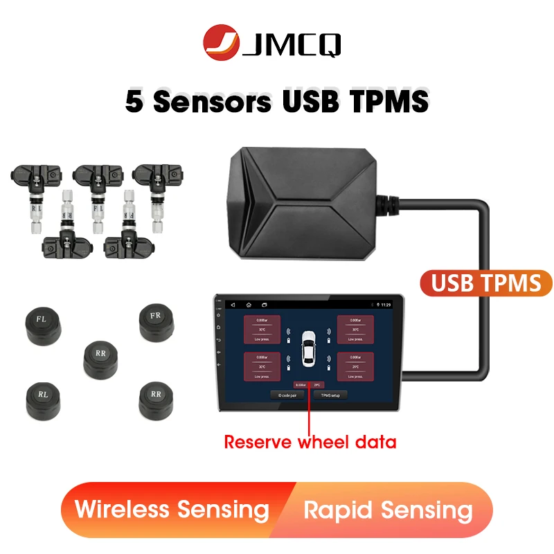 5-Sensors-USB-Android-TPMS-Car-Tire-Pressure-Alarm-Monitor-System-For-vehicle-Android-Player ...