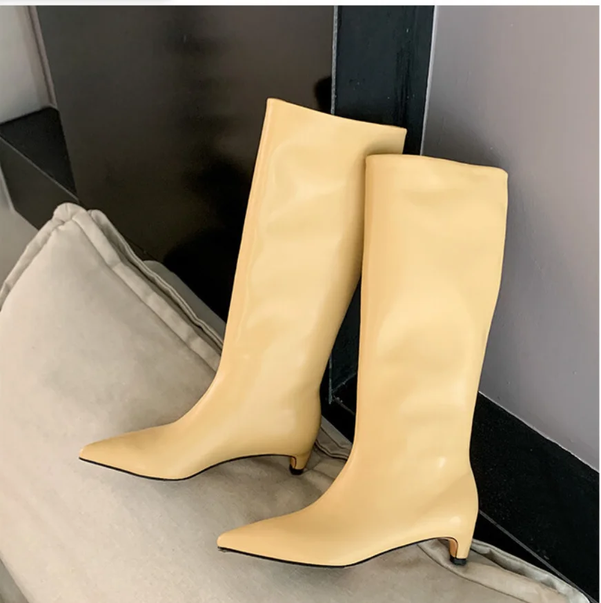 Light-Gray-Yellow-Booties-Knee-High-Boots-Leather-Low-Heel-Boots-Women ...