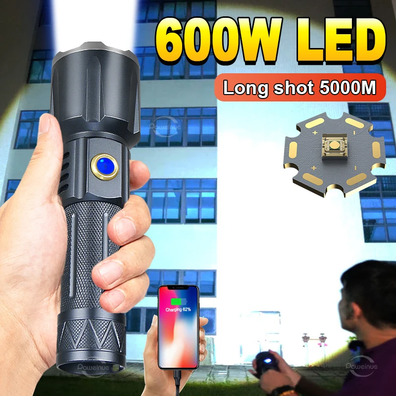600W-LED-Powerful-Flashlight-High-Power-USB-Rechargeable-10000LM-Long ...
