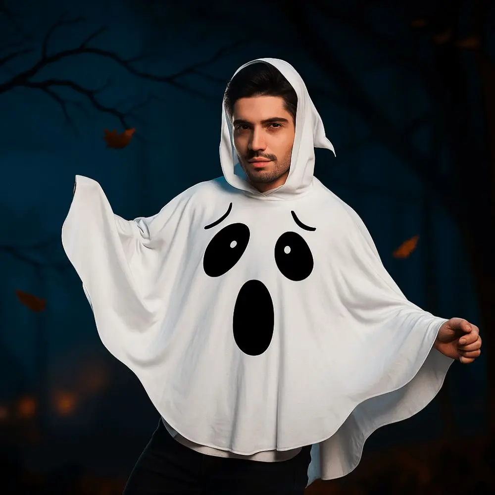 White Halloween Cloak Cape Black Eye Trick-or-Treat Spooky Pumpkin ...