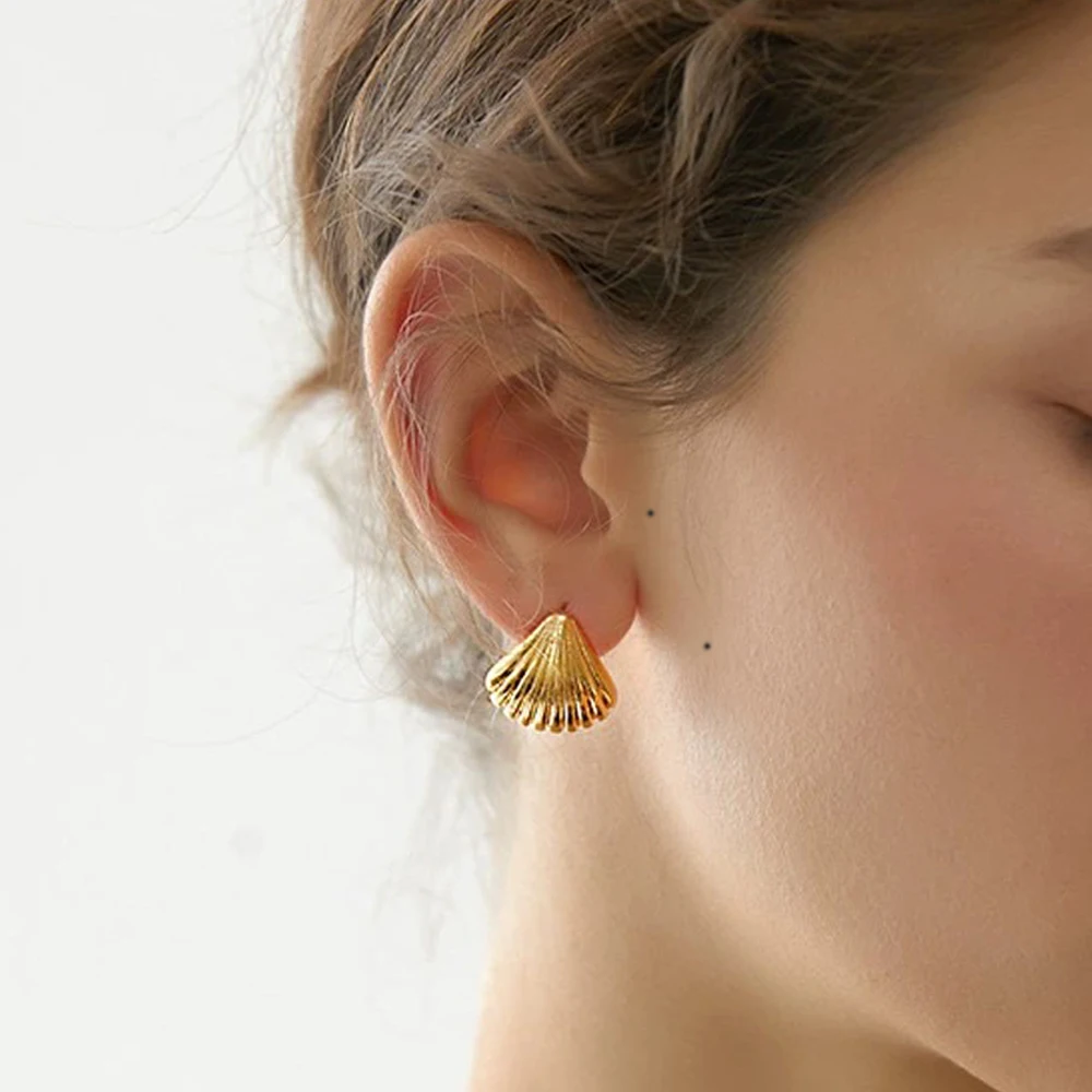 Stainless-Steel-Textured-Shell-Stud-Earrings-for-Women-Distinctive-Gold ...