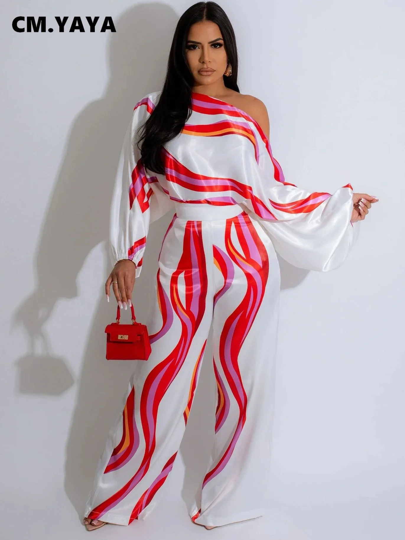 CM.YAYA Striped Satin Women's Set Off Shoulder Batwing Long Sleeve ...