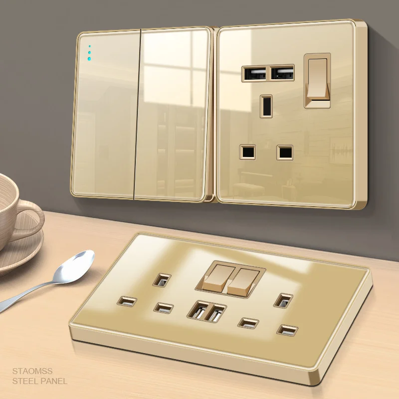 Luxury-All-Tempered-Glass-Wall-Lamp-Switch-Button-Golden-UK-Plug-13A ...