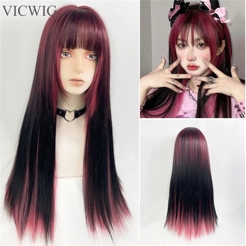 VICWIG-Black-Pink-Highlights-Long-Straight-Synthetic-Wig-Double-Color ...