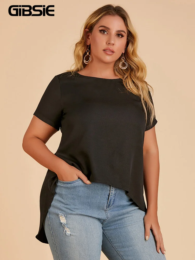 GIBSIE Plus Size Round Neck Keyhole Back Split Hem T Shirt Women Summer ...
