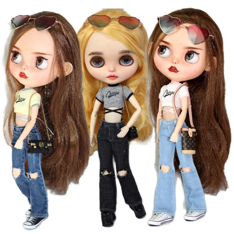 Blythe-Boneca-Roupas-Outfit-perfurado-queimado-Jeans-Azone-Dolls-Cal-as ...