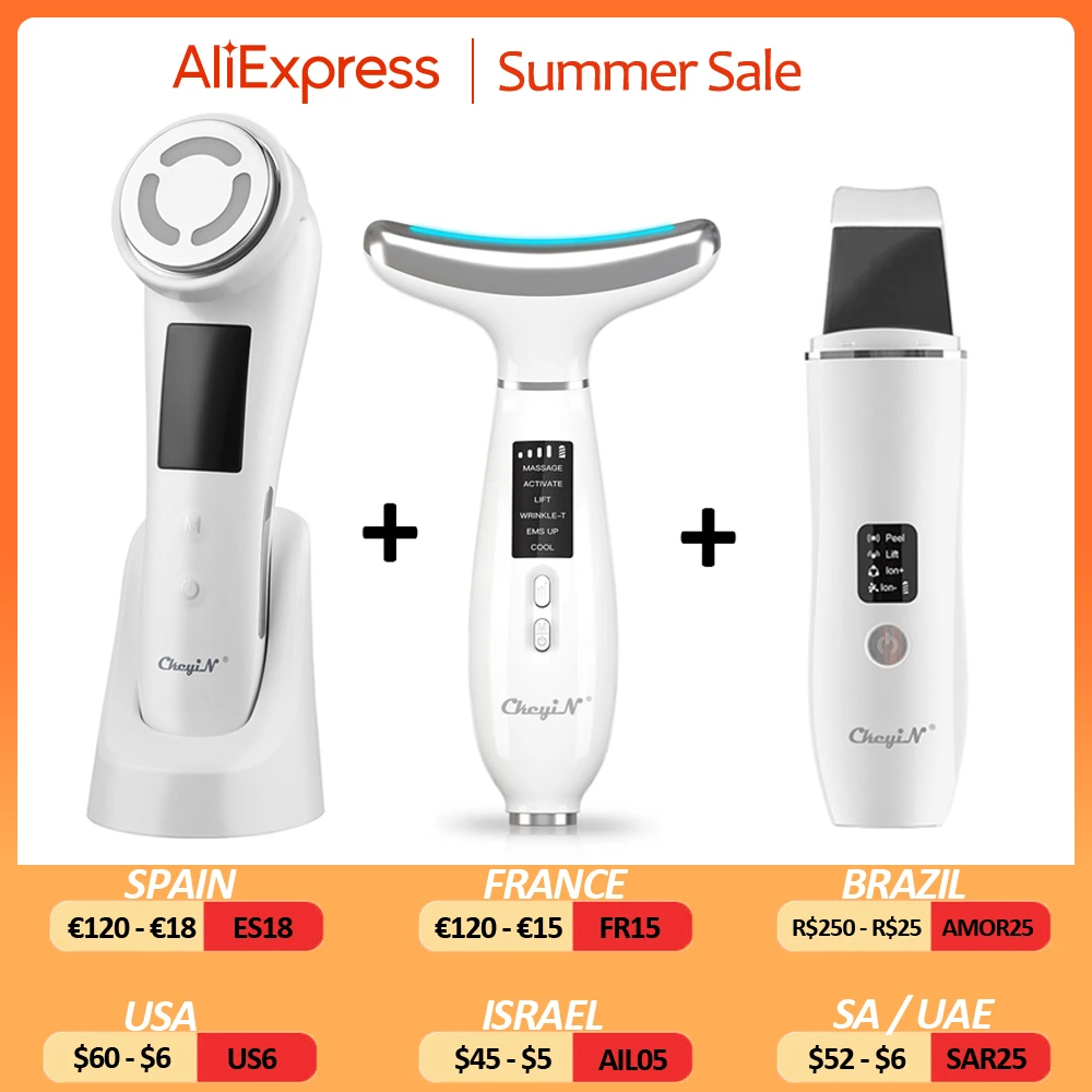 CkeyiN LED 라이트 테라피 뷰티 디바이스, EMS 목 얼굴 리프팅 기계, 초음파 피부 스크러버, 페이셜 마사지기, 스킨 ...