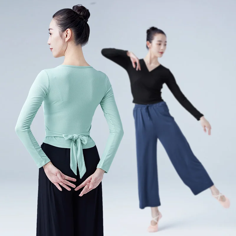 Woman-Ballet-Wrap-Tops-Knitted-V-Neck-Long-Sleeve-Dance-Shirts-Bandage ...