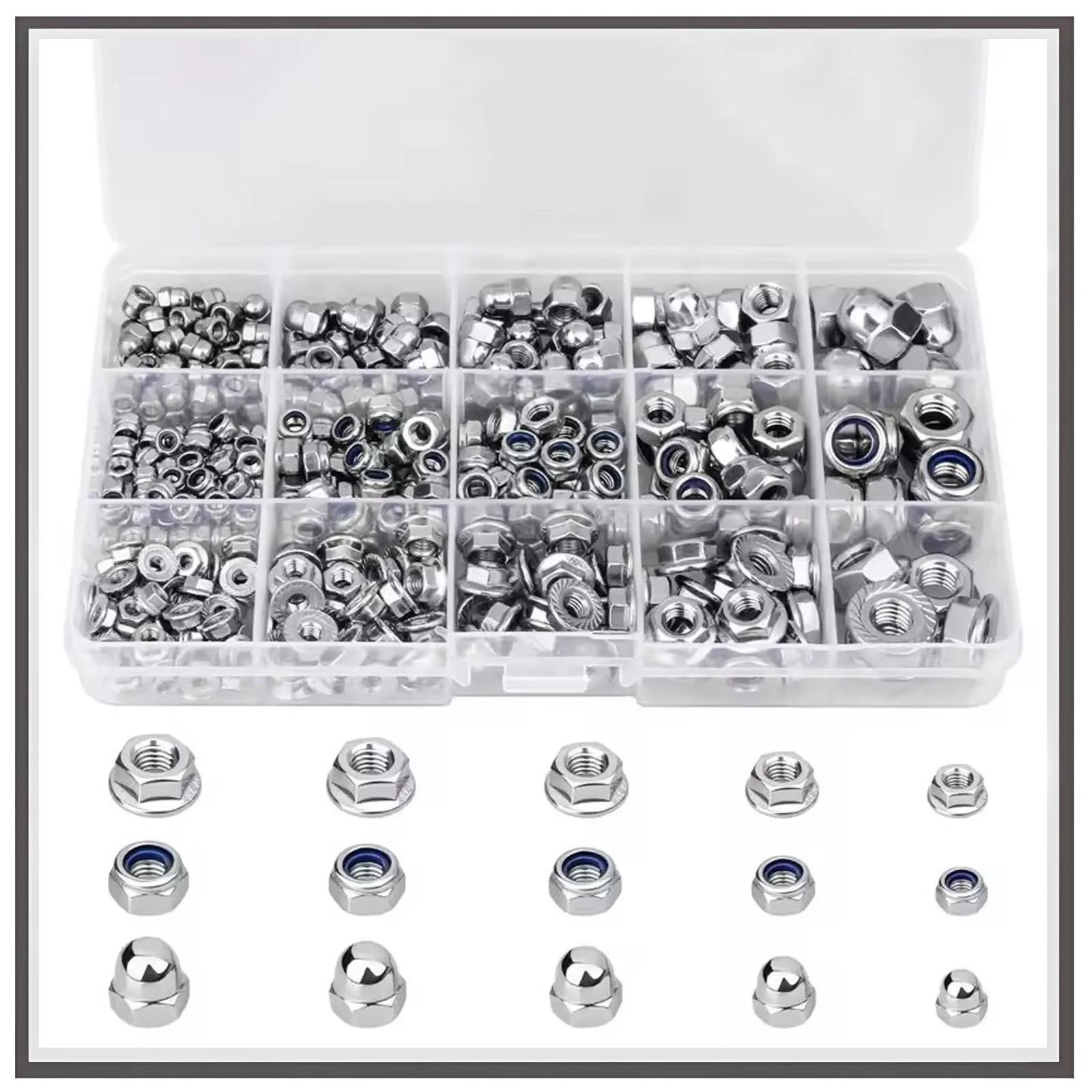 385pcs M3-M8 Flange Nut Cap Nut Nylon Lock Nut Assortment Kit 304 ...