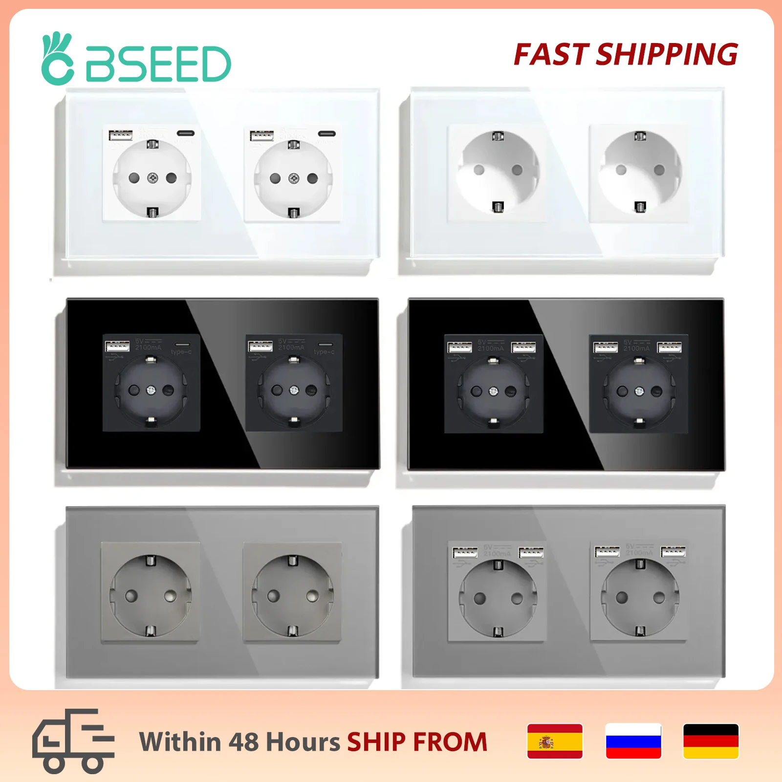 BSEED-Double-Socket-EU-Socket-EU-Standard-Wall-Socket-3-Colors-White ...
