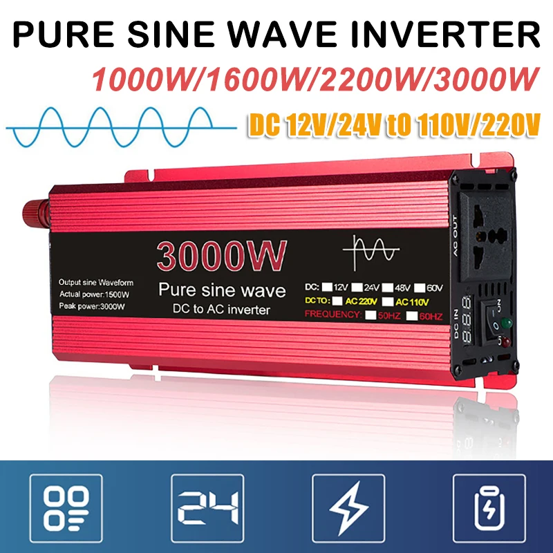 1000/1600/2200/3000w Peaks Power Car/home Digital Display Power Converter Dc 12v/24v To Ac 220v ...