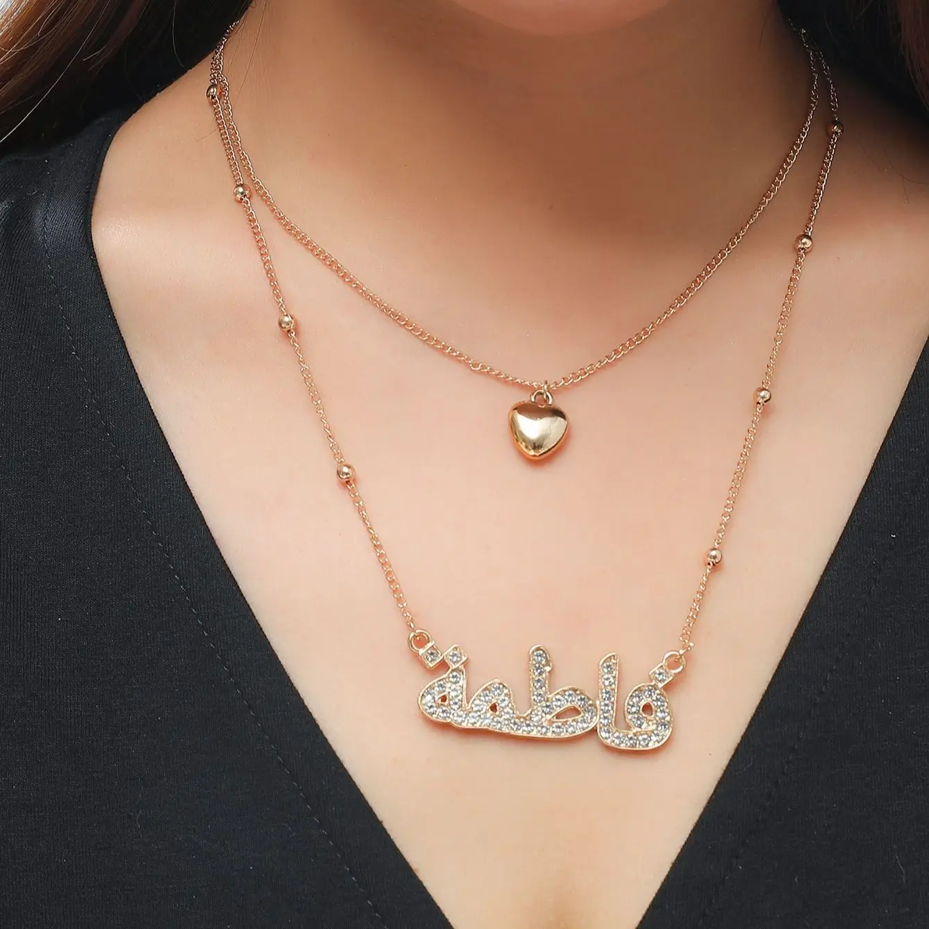 1-Golden-Chain-Rhinestone-Arabic-Love-Multi-layer-Necklace-Necklace-for ...