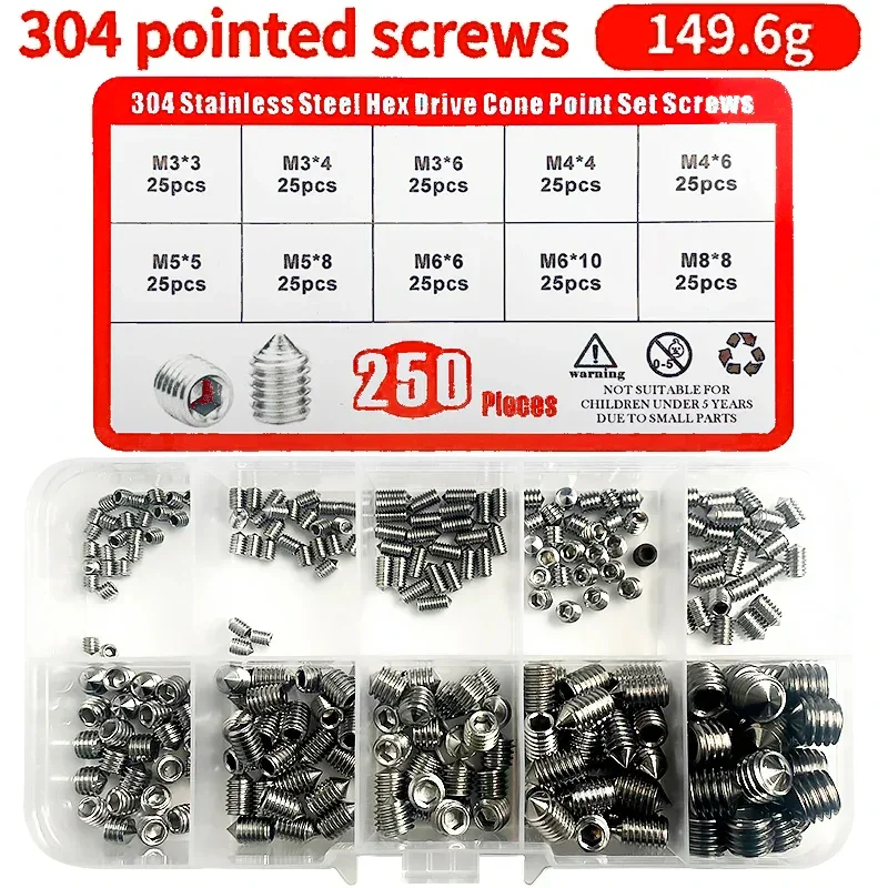 250Pcs-Box-304-Stainless-Steel-Hex-Hexagon-Socket-Set-Screws-Cone-Point ...
