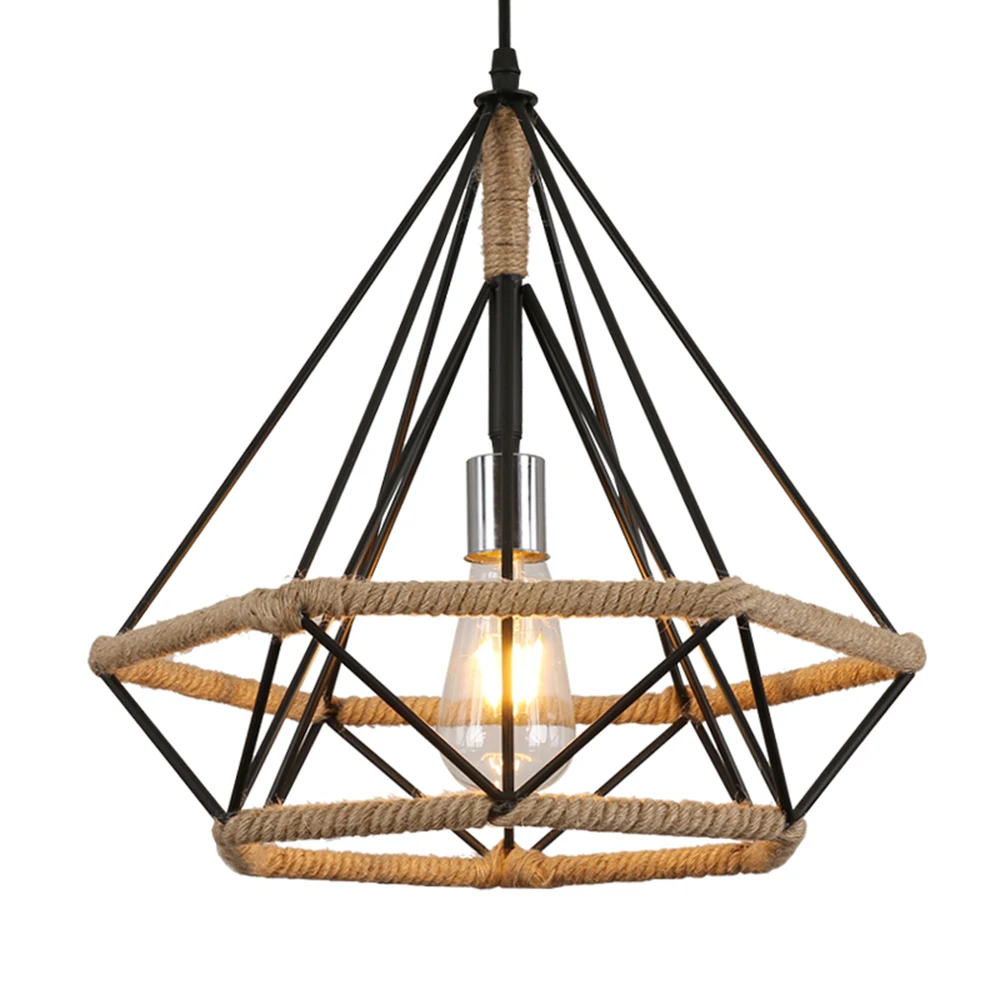 Retro Creative Rope Pendant Lamp, Diamond Shape Iron Cage Ceiling Light ...
