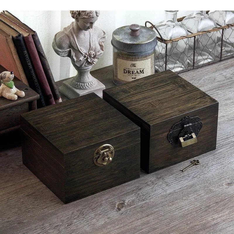 Wooden Rectangular Jewelry Box with Lock Household Sundries Snacks Nuts ...