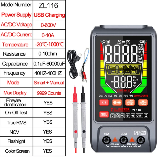 USB Charge Digital Multimeter Large Screen 9999 AC DC Current Voltage ...